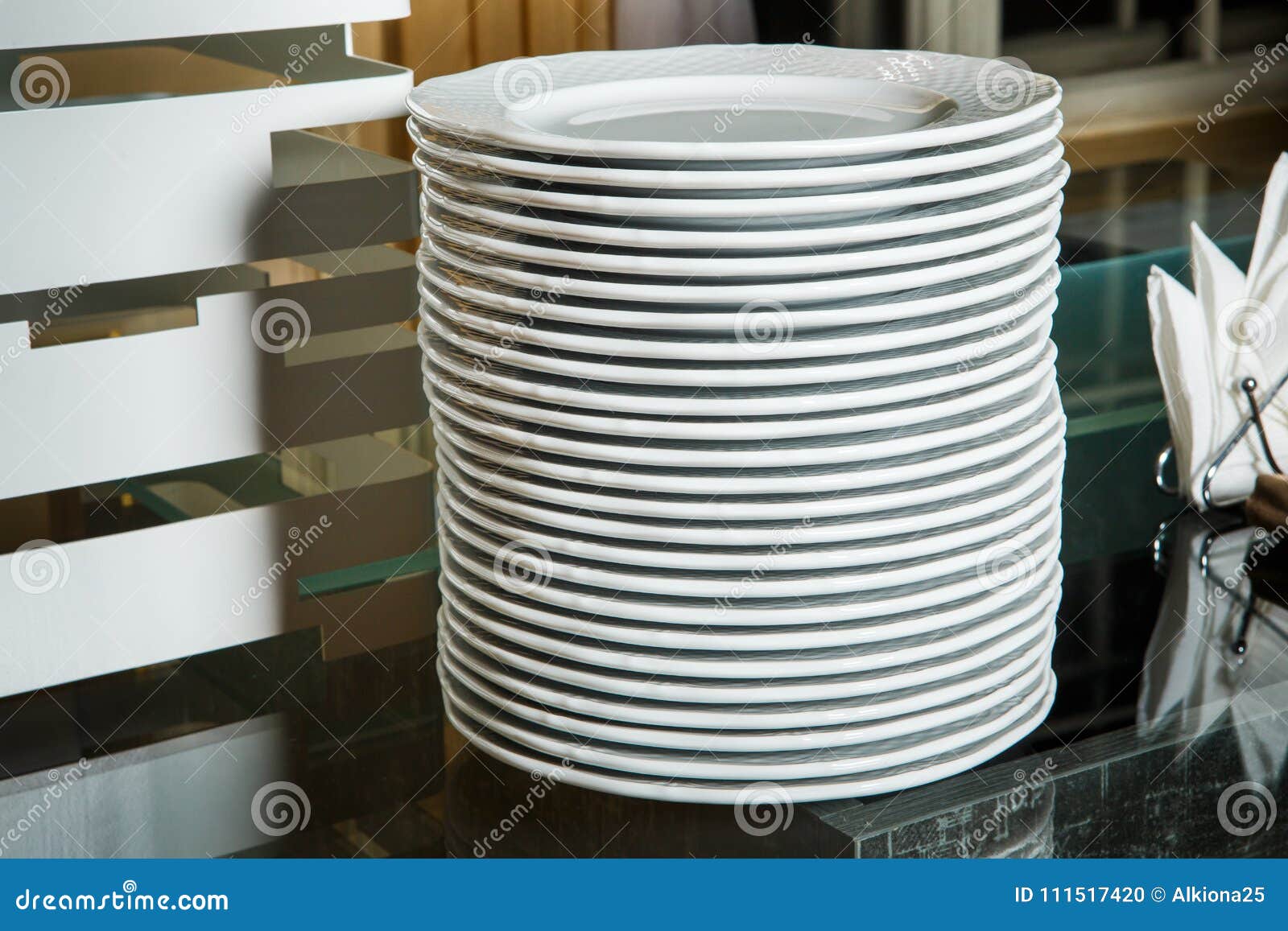 Stack of White Round Plates on Table Stock Photo - Image of dish ...