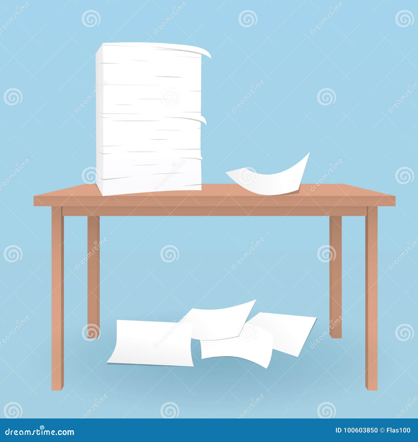 Stack of White Sheets on Brown Table and Fallen Paper on Blue Floor ...
