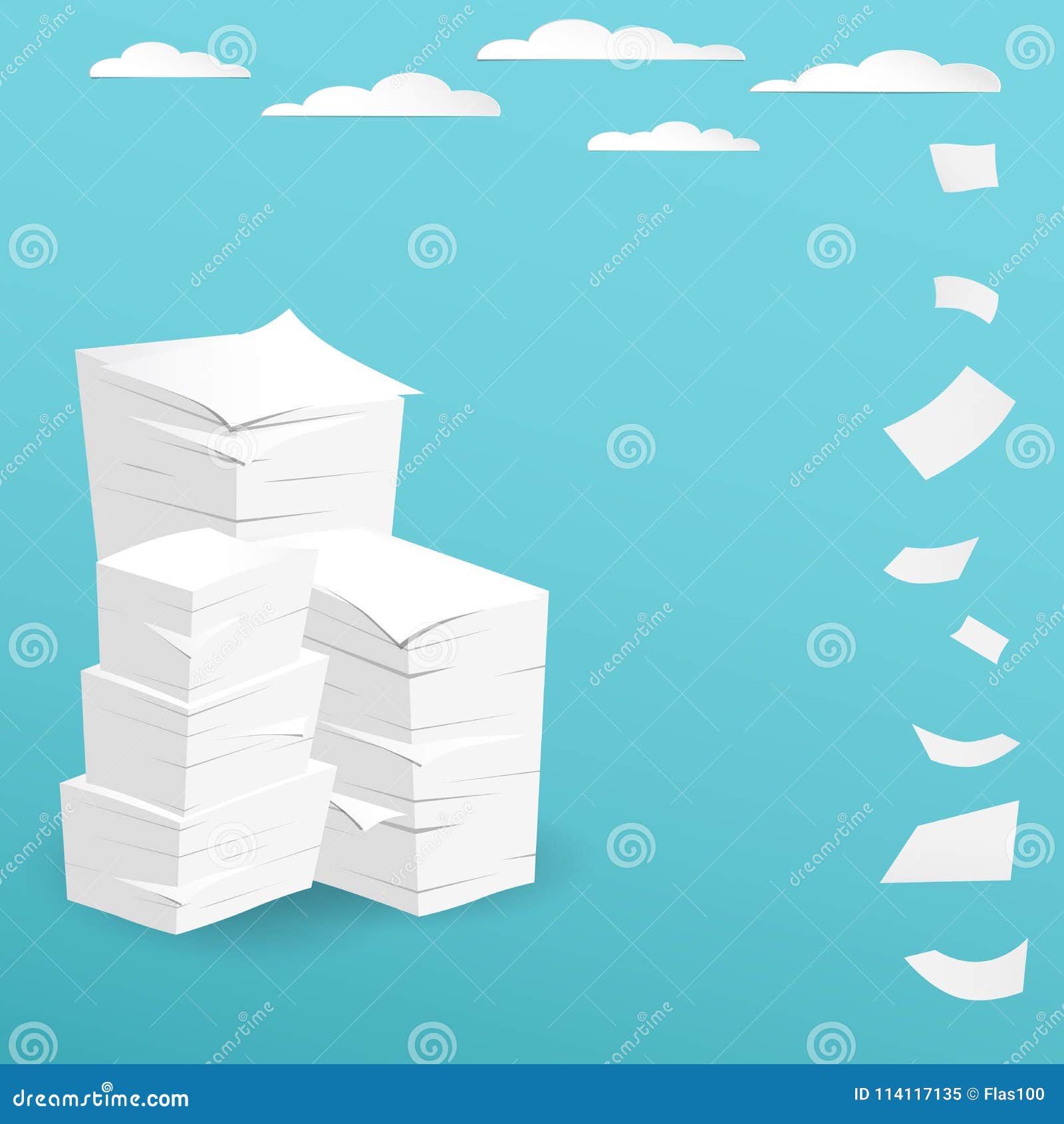 Stack of White Sheets and Flying Paper in Blue Background with Clouds ...