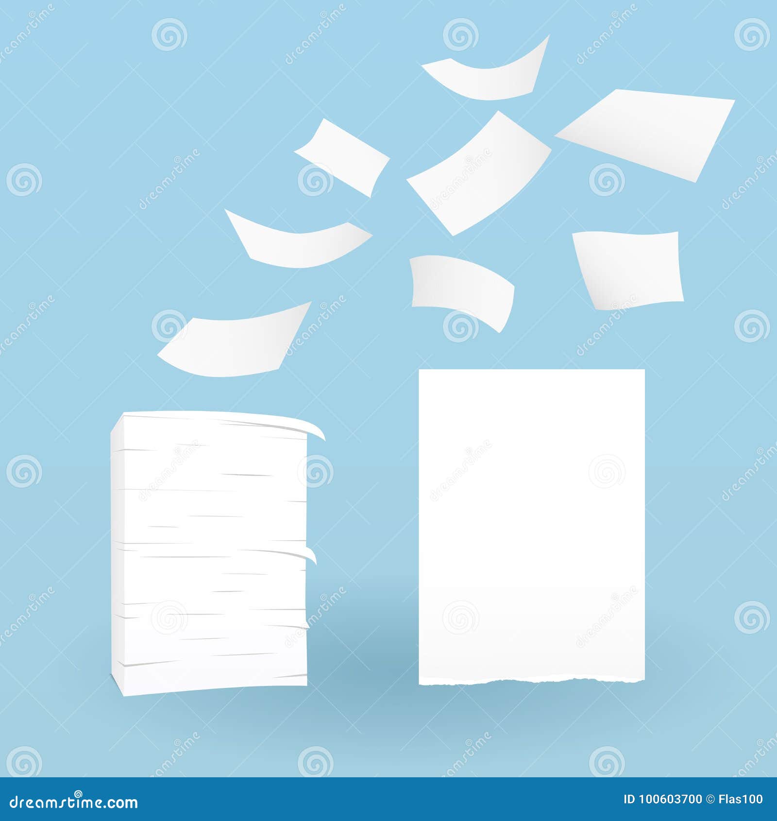 Stack of White Sheets and Flying Ripped Paper on Blue Background. Stock ...