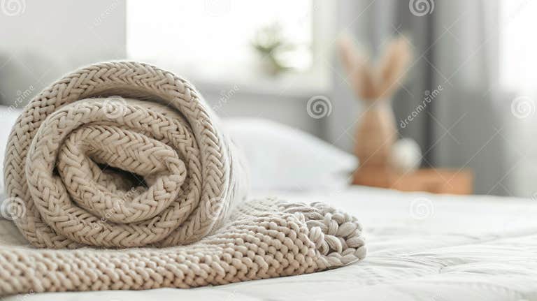 A Stack of White Towels and Beige Blankets Rest on a White Bed in a ...