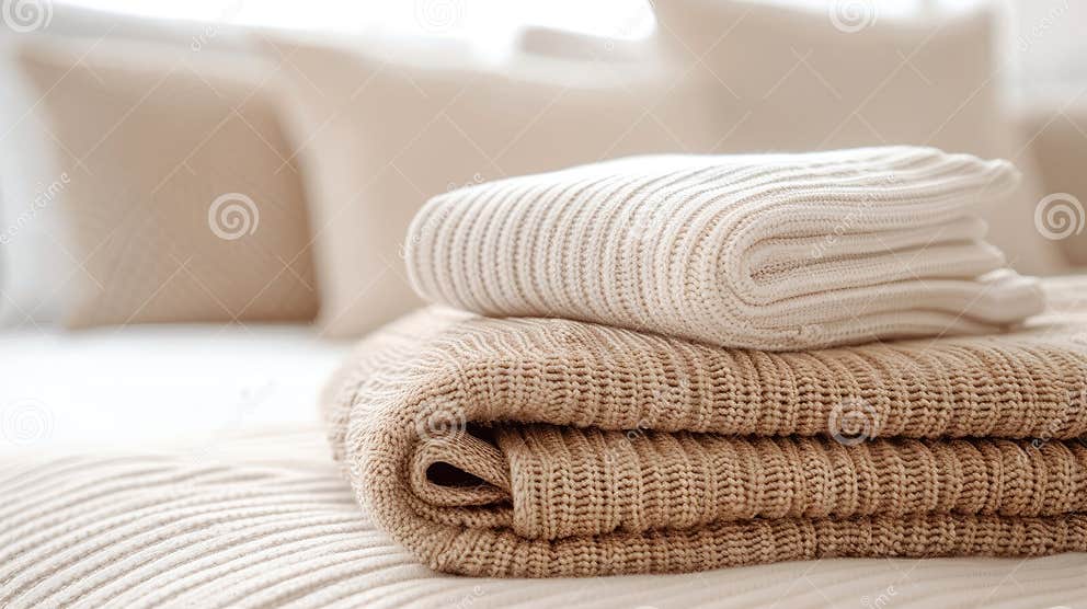 A Stack of White Towels and Beige Blankets Rest on a White Bed in a ...
