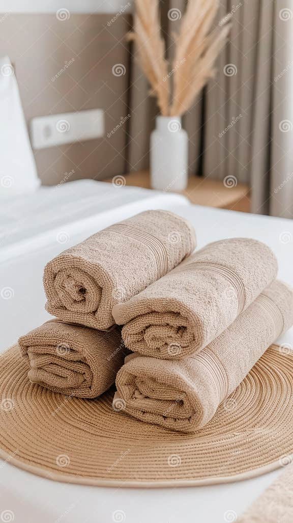 A Stack of White Towels and Beige Blankets Rest on a White Bed in a ...