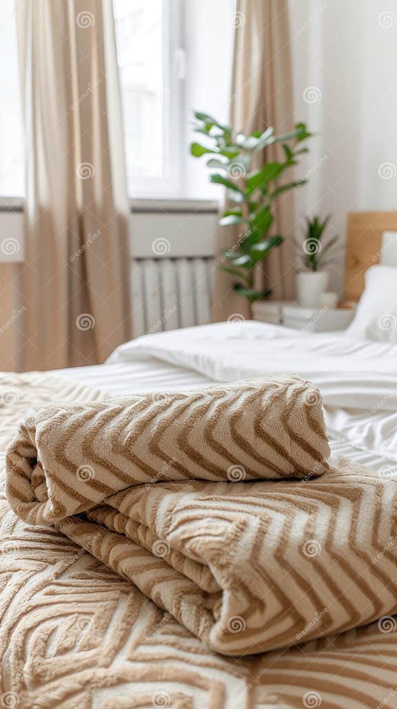 A Stack of White Towels and Beige Blankets Rest on a White Bed in a ...