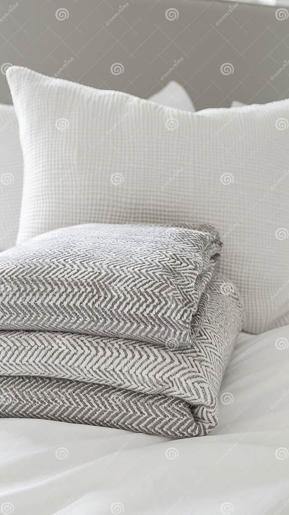 A Stack of White Towels and Beige Blankets Rest on a White Bed in a ...