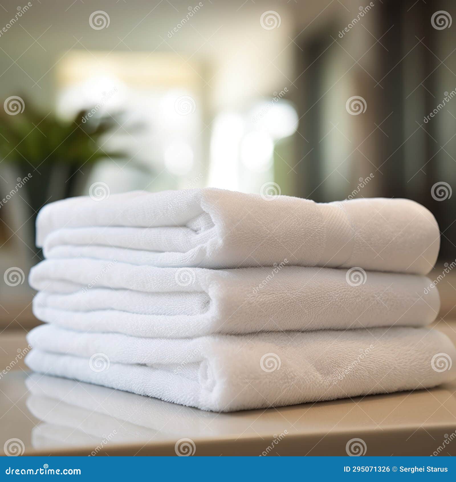 A Stack of White Towels on a Counter, AI Stock Photo - Image of room ...
