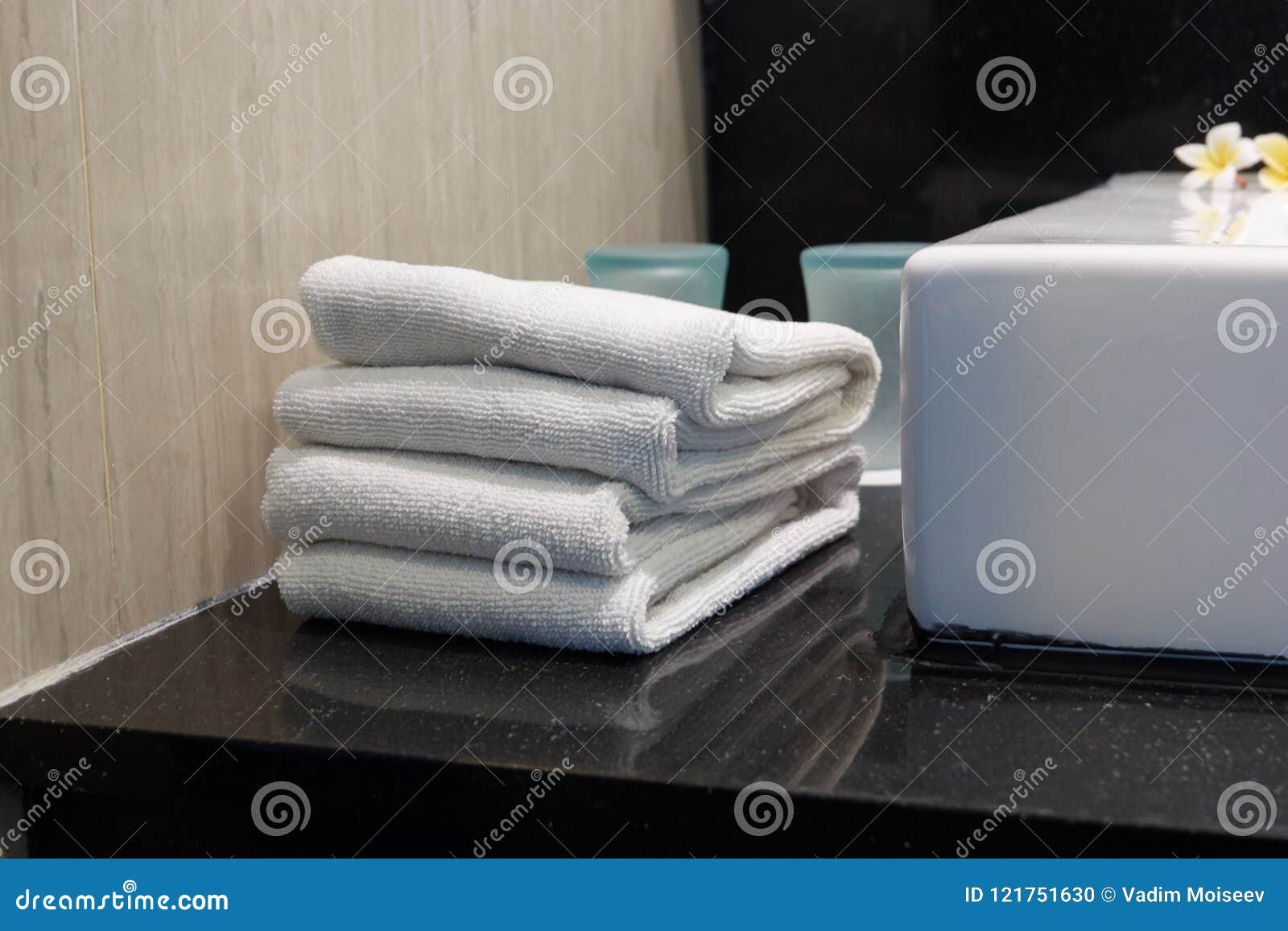 Stack of White Towels in a Hotel Bathroom Closeup Stock Photo - Image ...