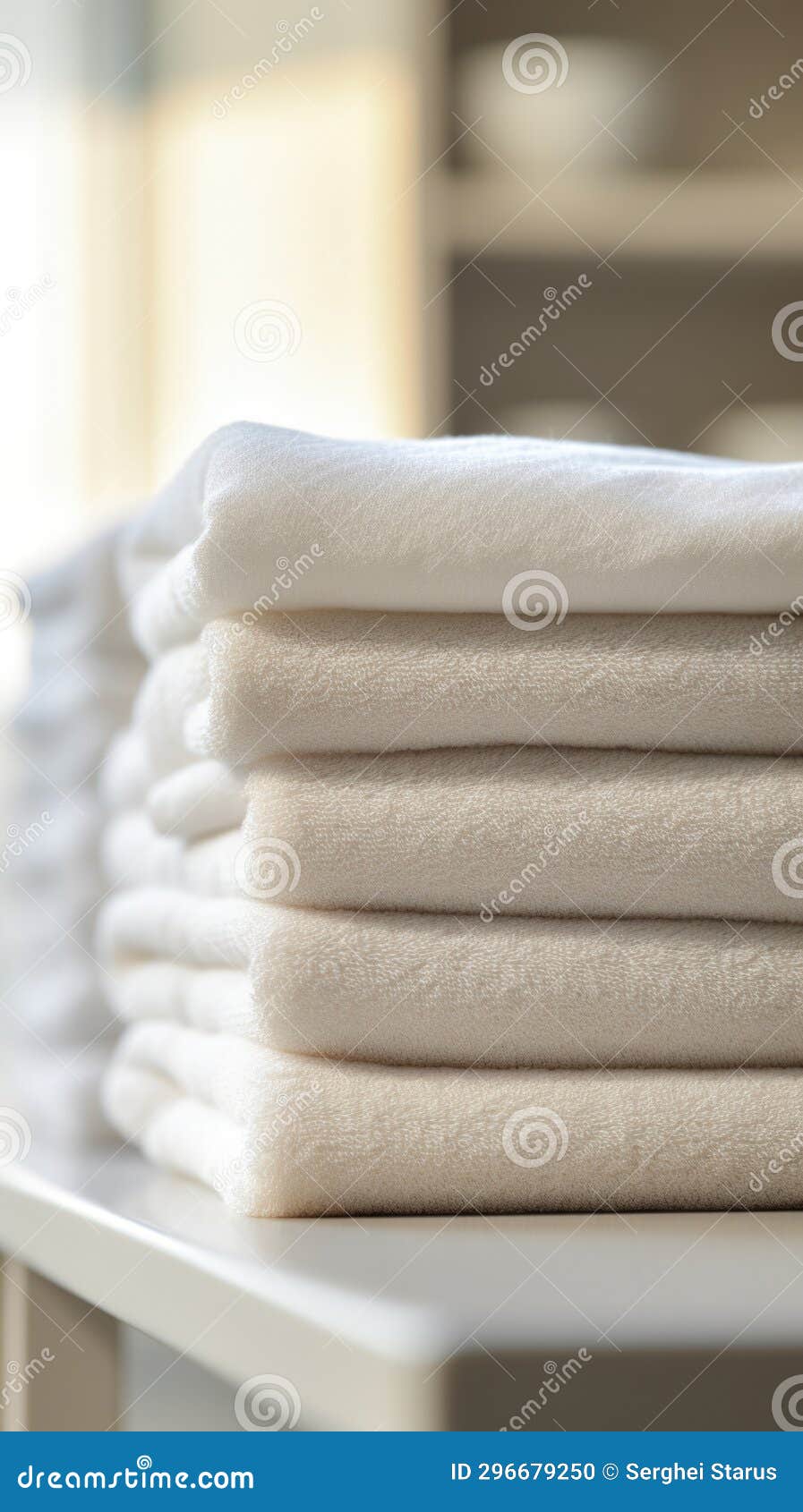 A Stack of White Towels on a Table, AI Stock Photo - Image of bathtub ...