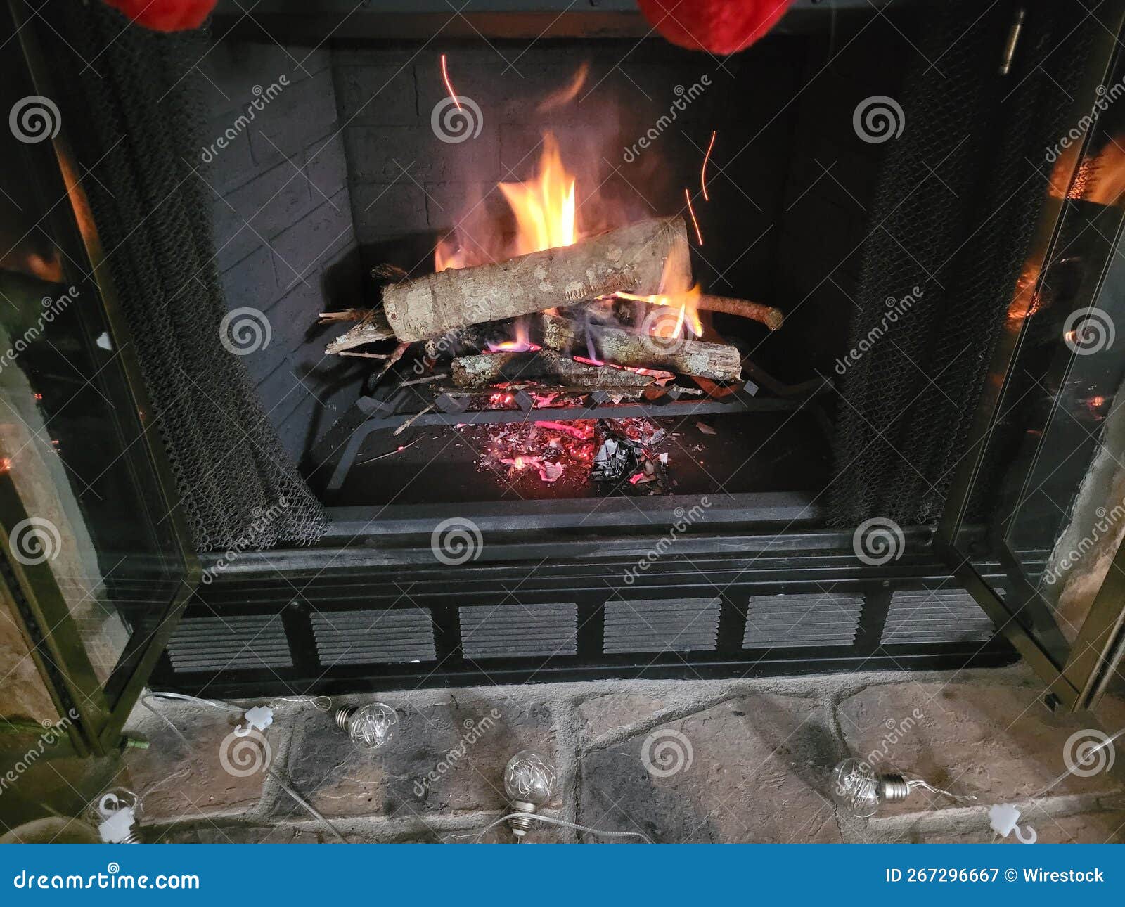 Stack of Wood Burning in the Fireplace at Home Stock Image - Image of ...