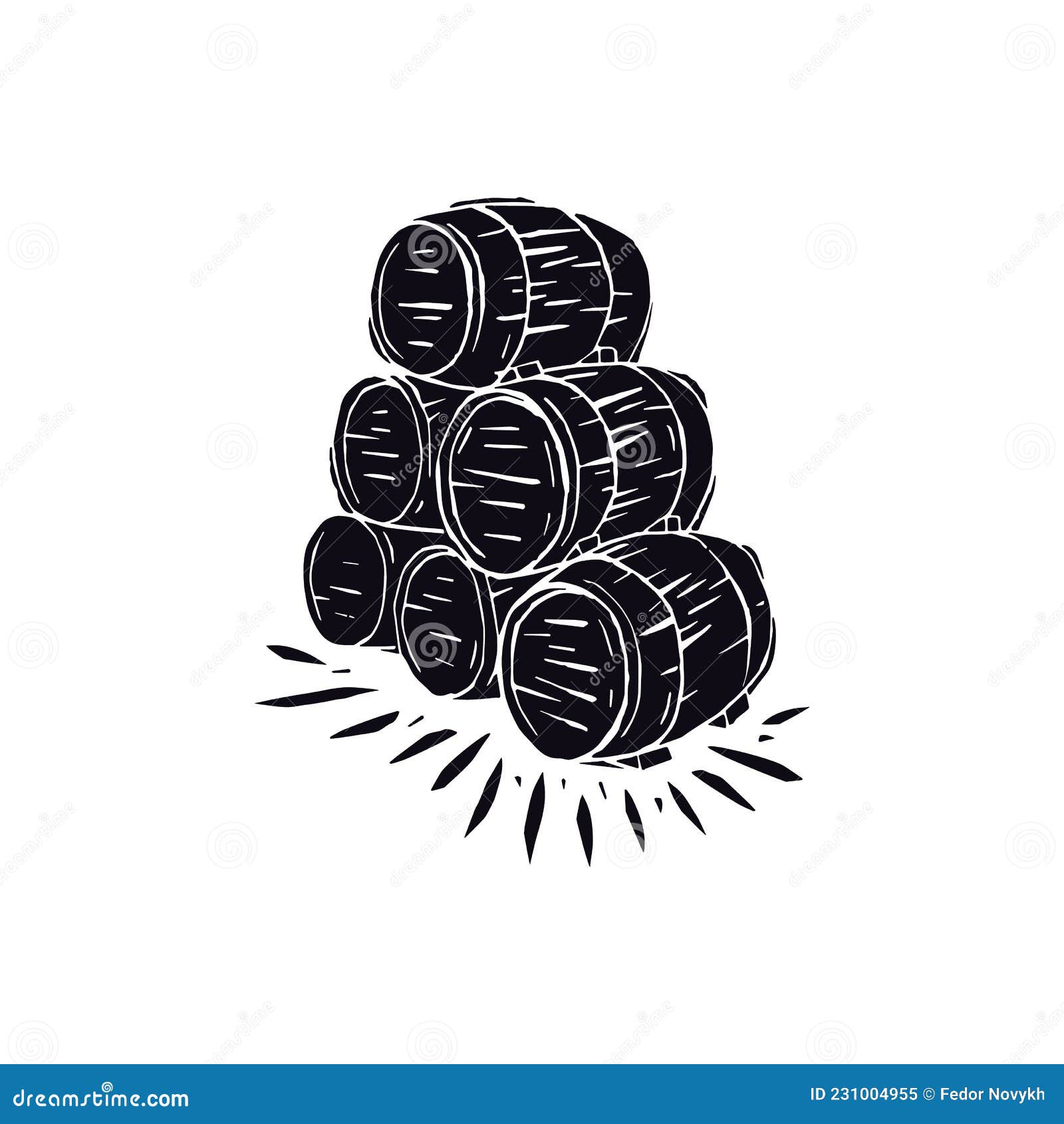 Stack of Wooden Barrels Vector Illustration in Linocut Style Stock ...