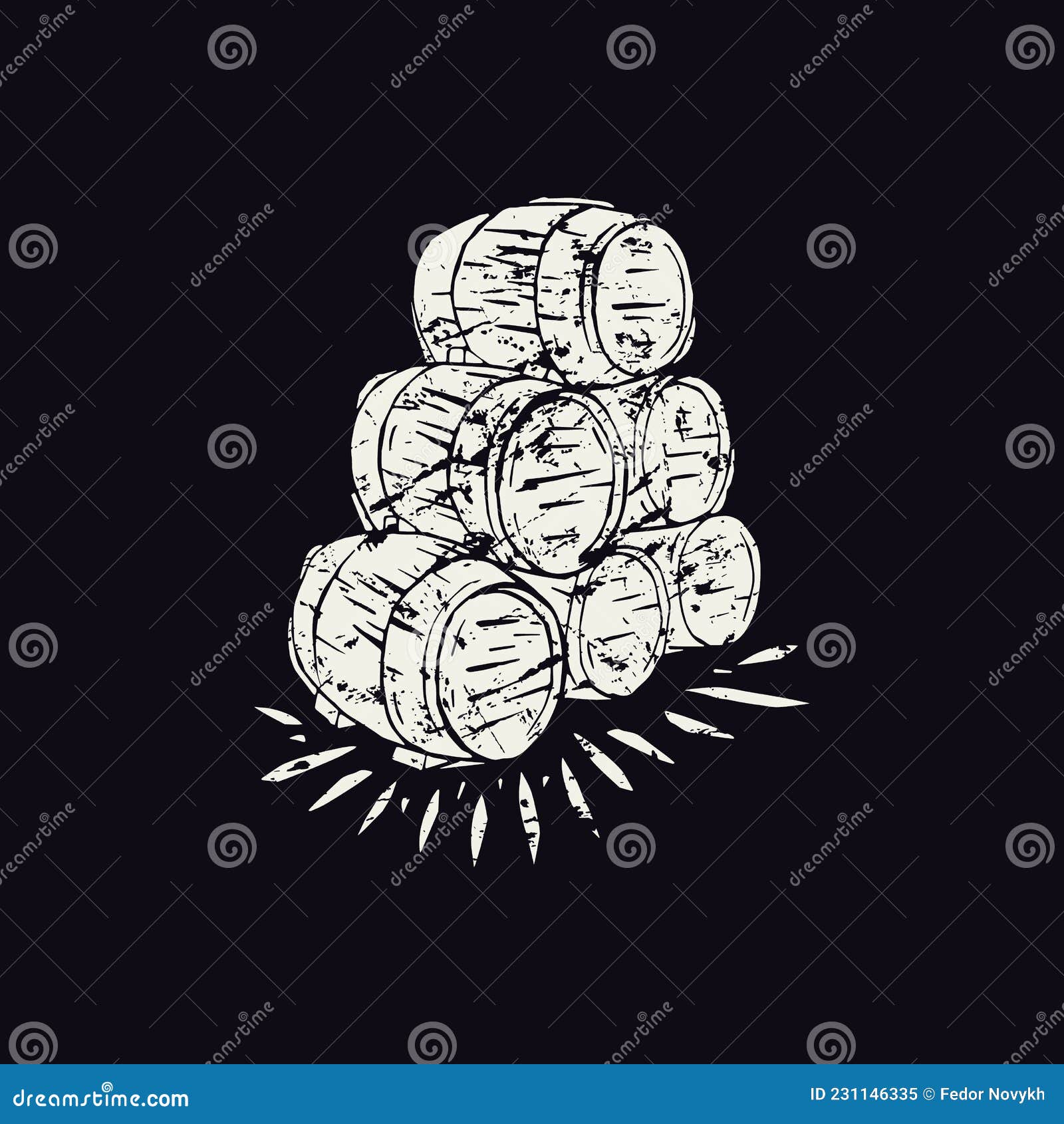 Stack of Wooden Barrels Vector Illustration in Linocut Style Stock ...