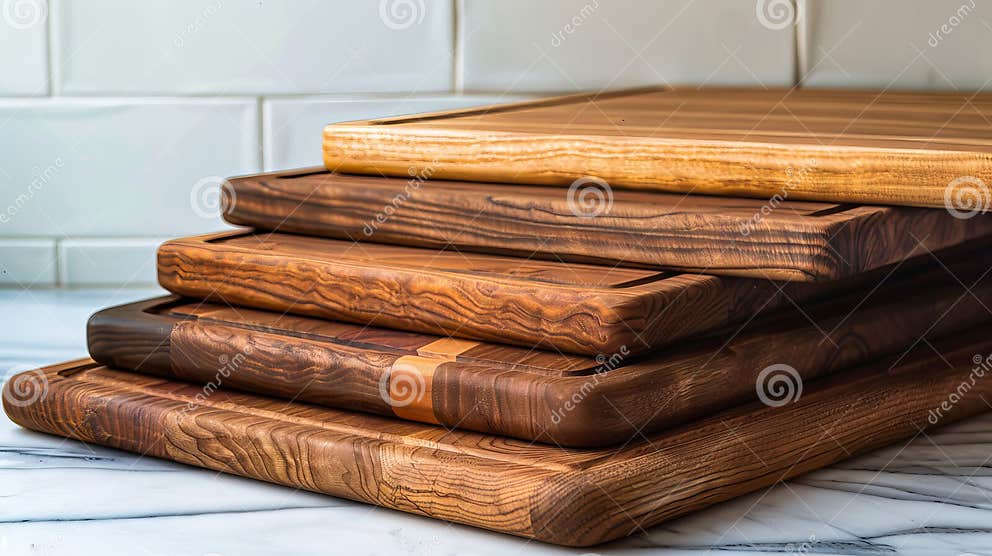 A Stack of Wooden Cutting Boards on a Marble Counter Stock Image ...