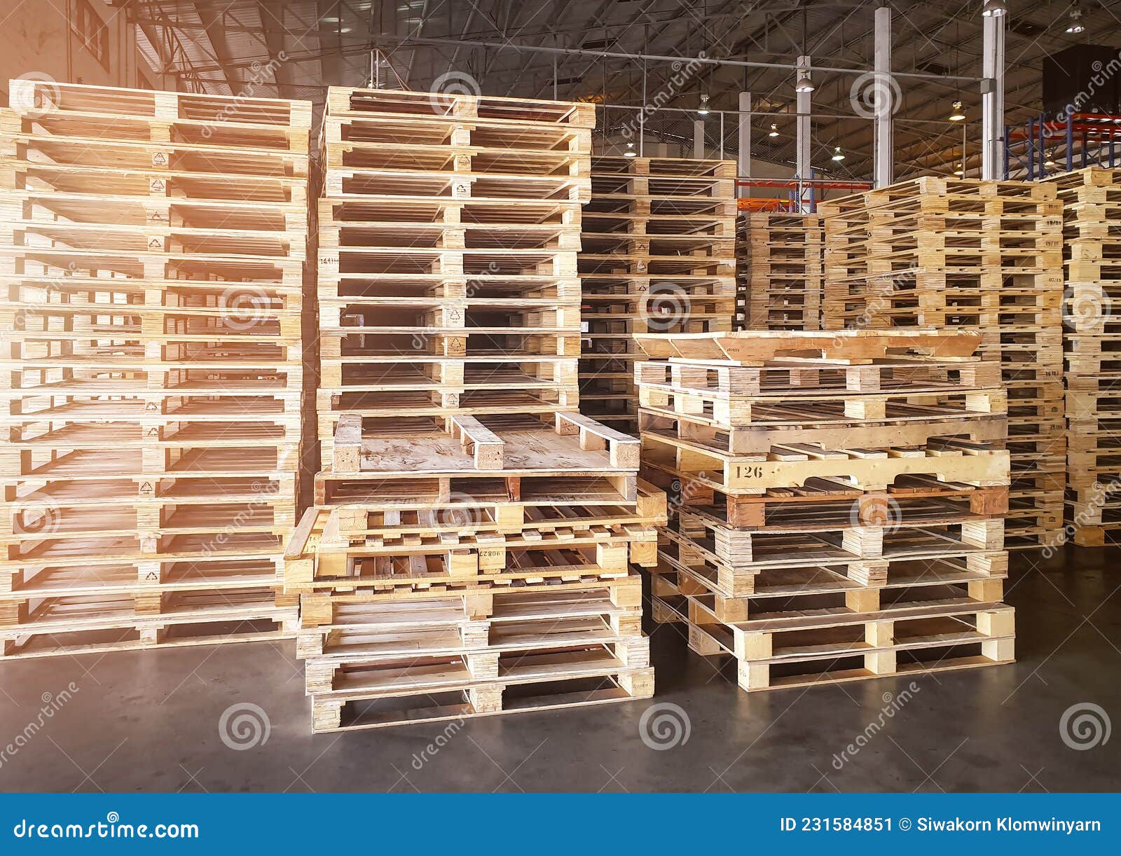 Stack of Wooden Pallets in Storage Warehouse Stock Image - Image of ...