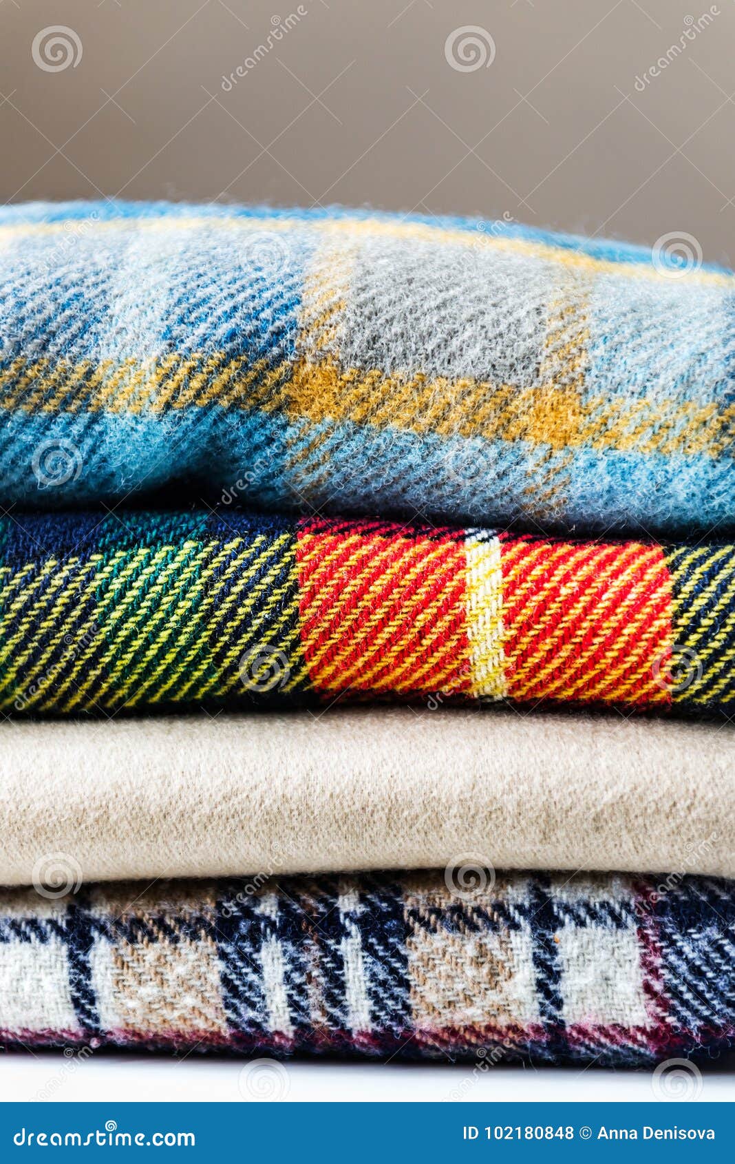 Stack of Woolen Checked Blankets Stock Photo - Image of winter, fluffy ...