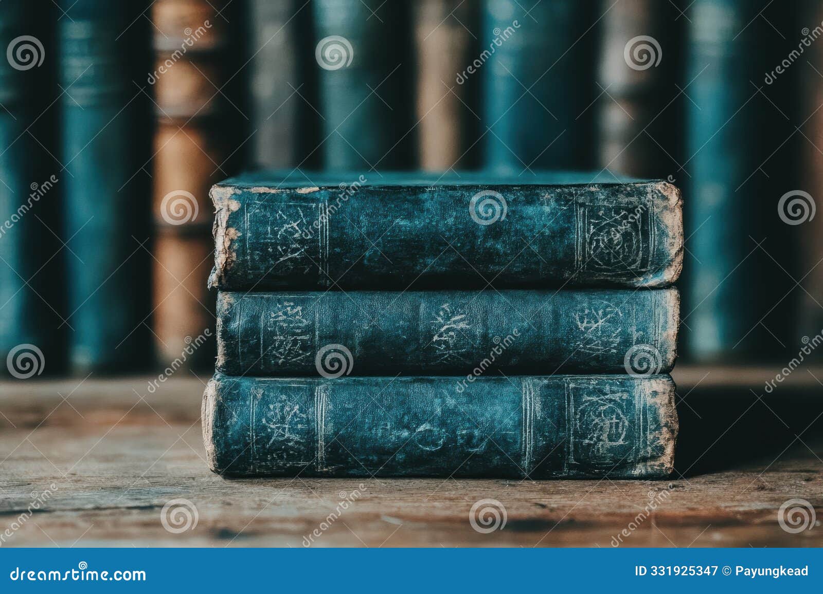 Stack of Worn Leather-Bound Books with Arcane Symbols in Dim Library ...