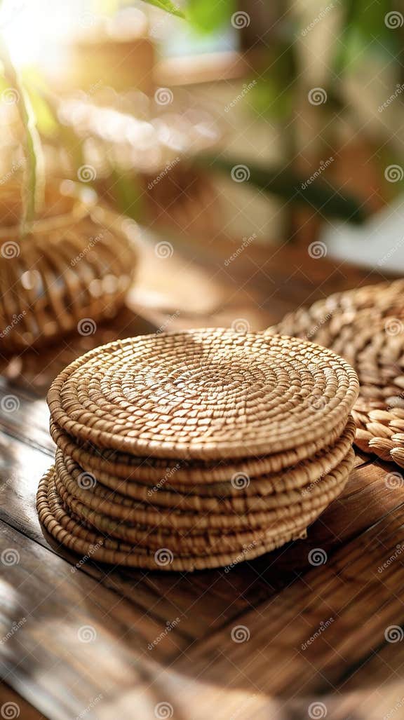 Stack of Woven Coasters on a Wooden Table with Sunlight Stock Image ...