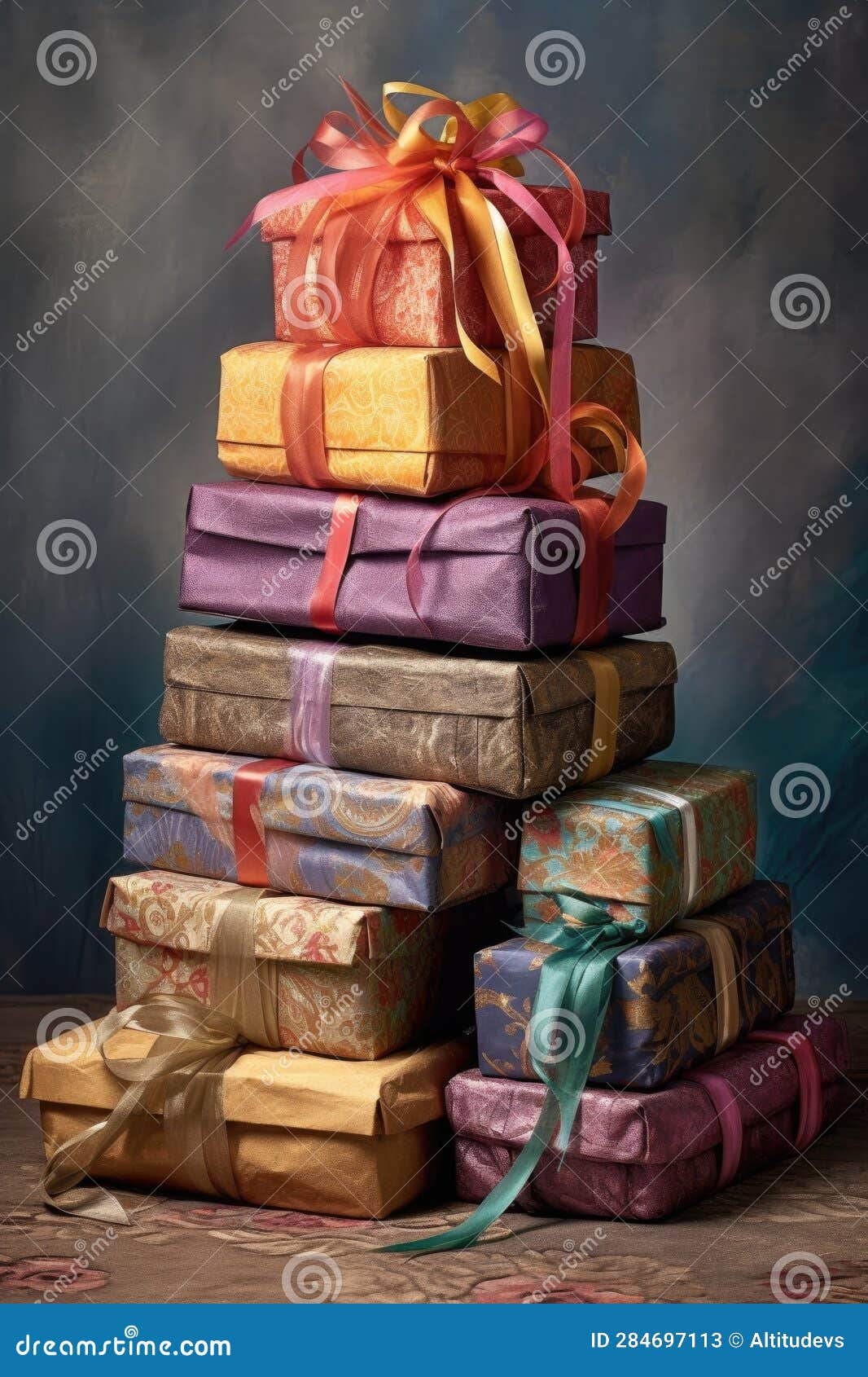 Stack of Wrapped Birthday Presents with Ribbons Stock Image - Image of ...