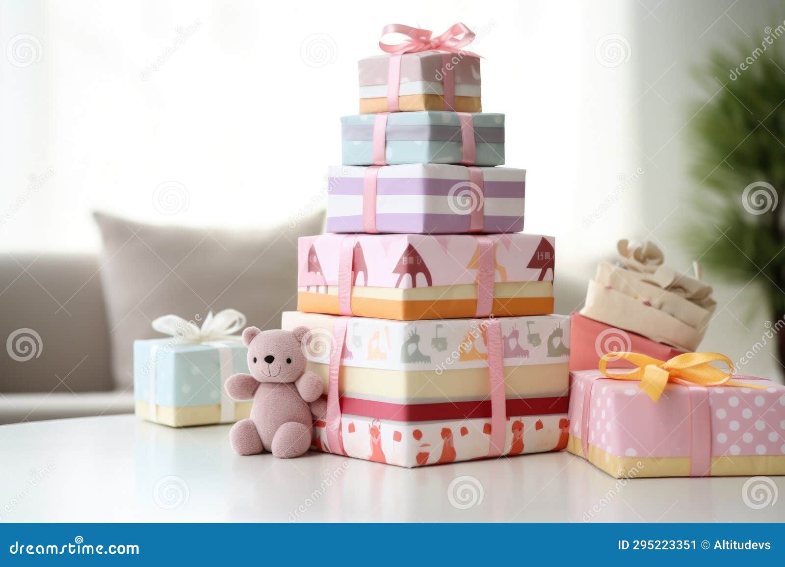 A Stack of Wrapped Gift Boxes with Baby-themed Decorations Stock Image ...