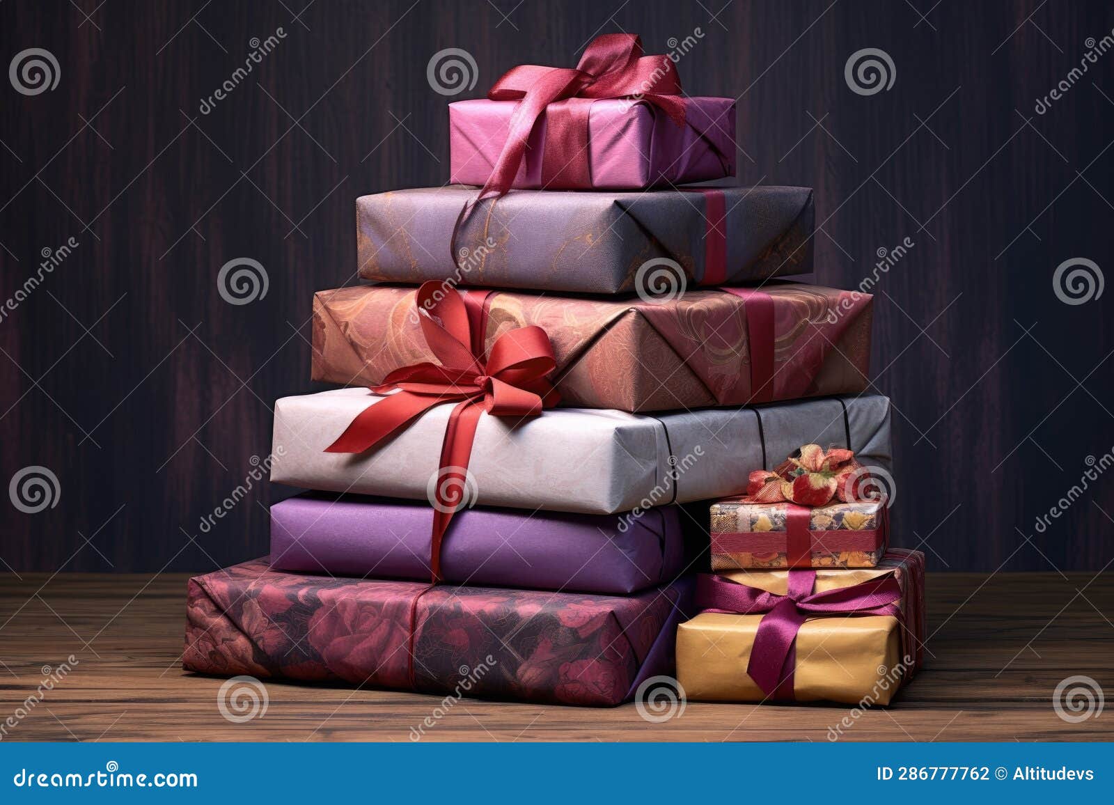 Stack of Wrapped Gifts in Different Sizes and Colors Stock Photo ...