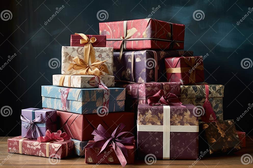 Stack of Wrapped Gifts in Various Patterns and Sizes Stock Image ...