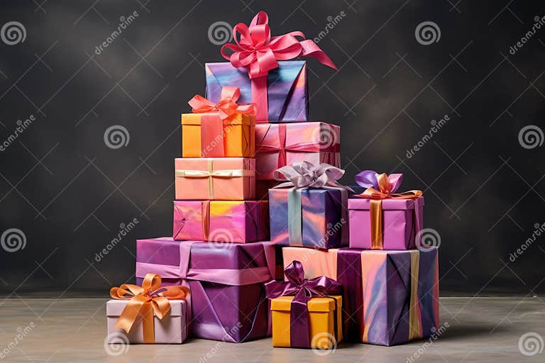 Stack of Wrapped Gifts in Various Sizes and Colors Stock Photo - Image ...