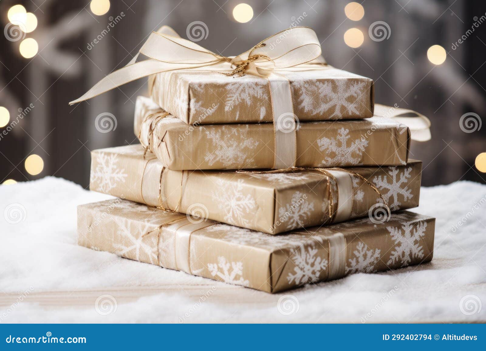 Stack of Wrapped Packages in Snowflake Wrapping Stock Photo - Image of ...