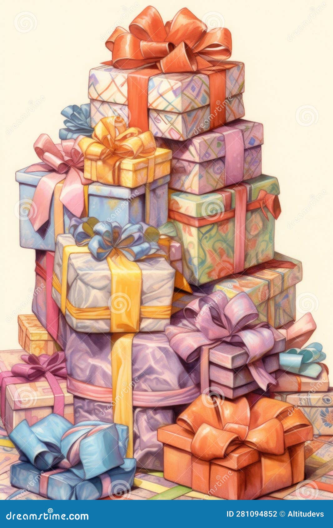 Stack of Wrapped Presents with Ribbons and Bows Stock Illustration ...