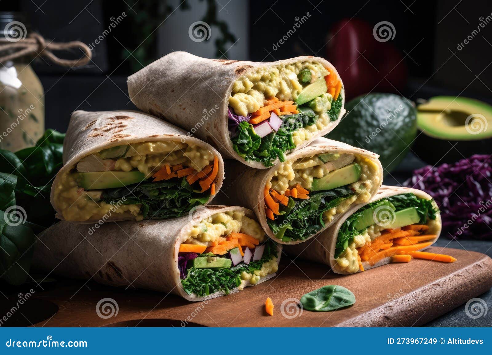 Stack of Wraps, Bursting with Freshly Chopped Veggies and Hummus Stock ...