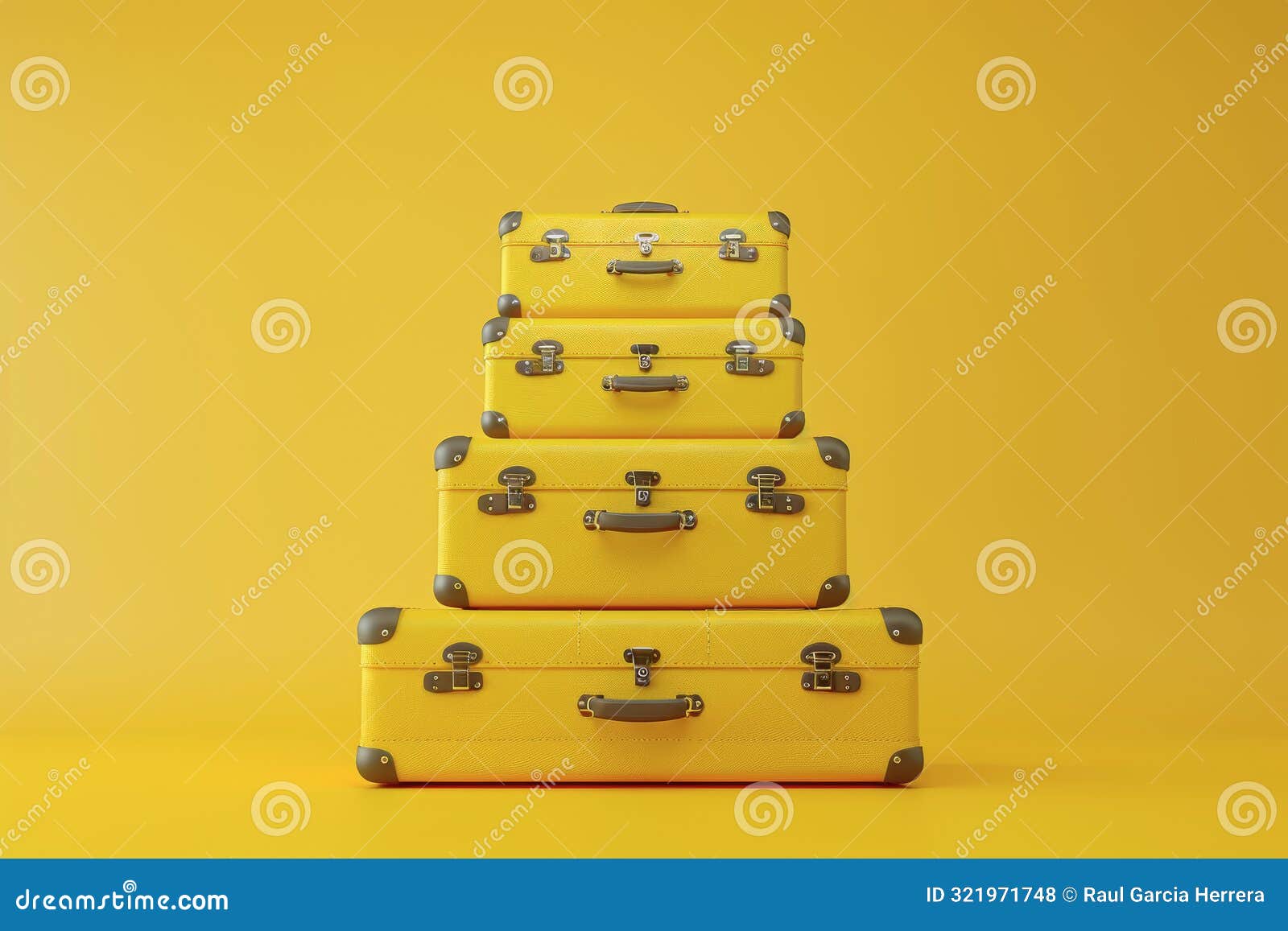 Stack of Yellow Suitcases on Light Yellow Background. Travel and ...