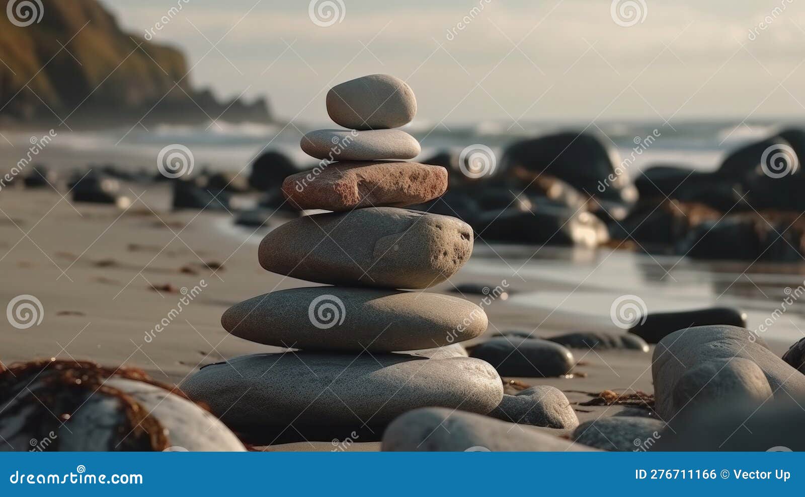 Stack Zen Stones on Pebble Beach. Generative AI Stock Illustration ...