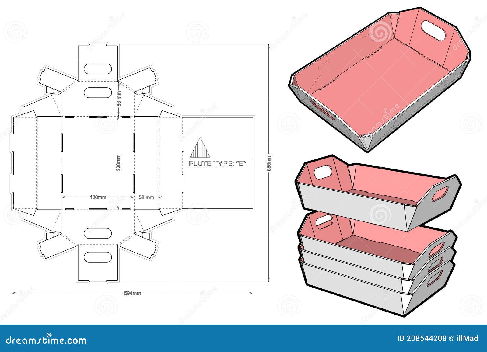 Cardboard Tray With Handles Template. Vector With Die Cut / Laser Cut Layers. White, Empty ...