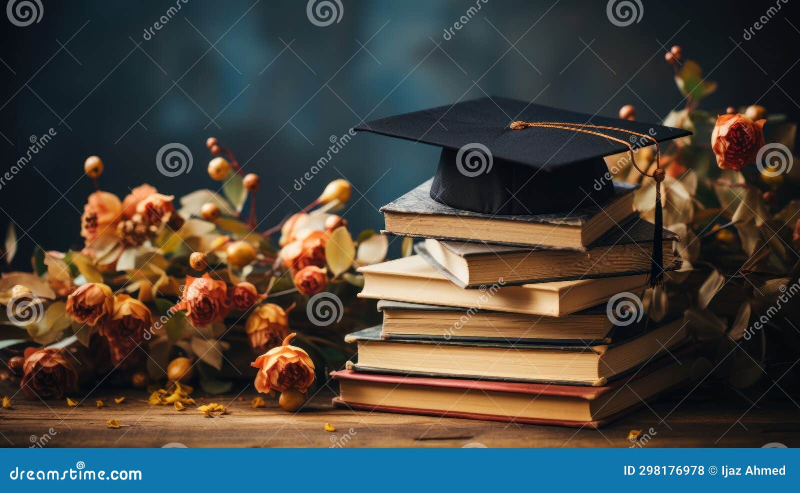 Stacked Books and Graduation Cap Stock Illustration - Illustration of ...