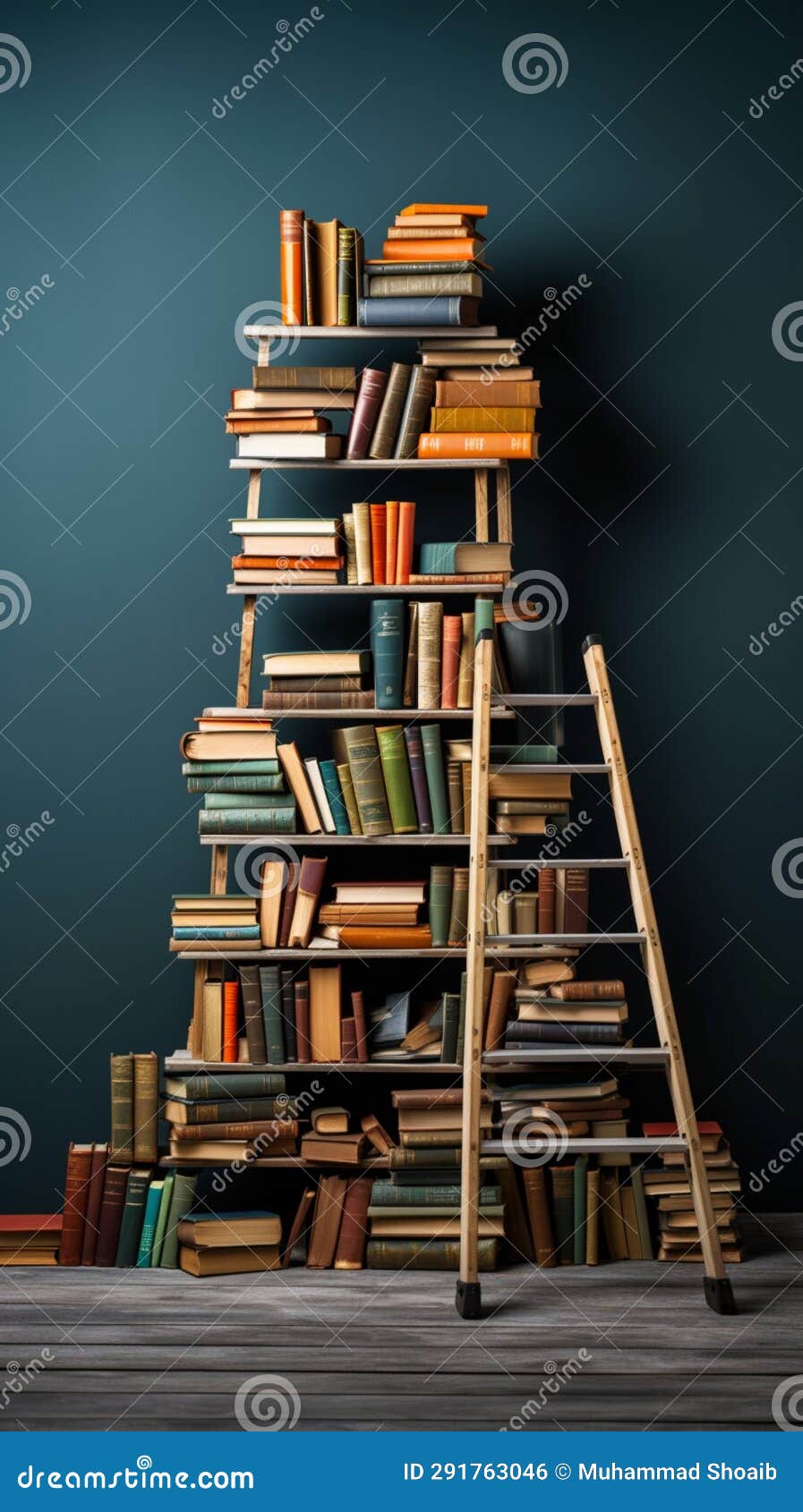 Stacked Books, Ladders Frame Educations Allure in Front View with Copy ...