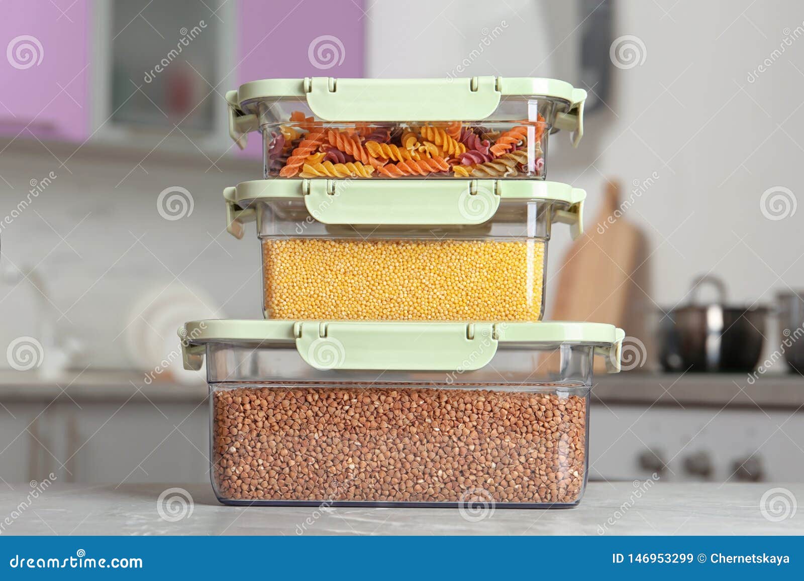 Stacked Boxes with Different Food on Table Stock Image - Image of ...