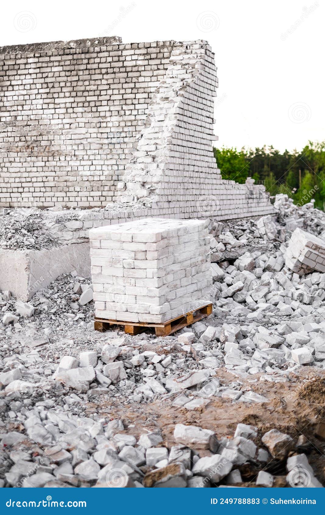 Stacked Bricks on Pallets at a Construction Site Against the Background ...