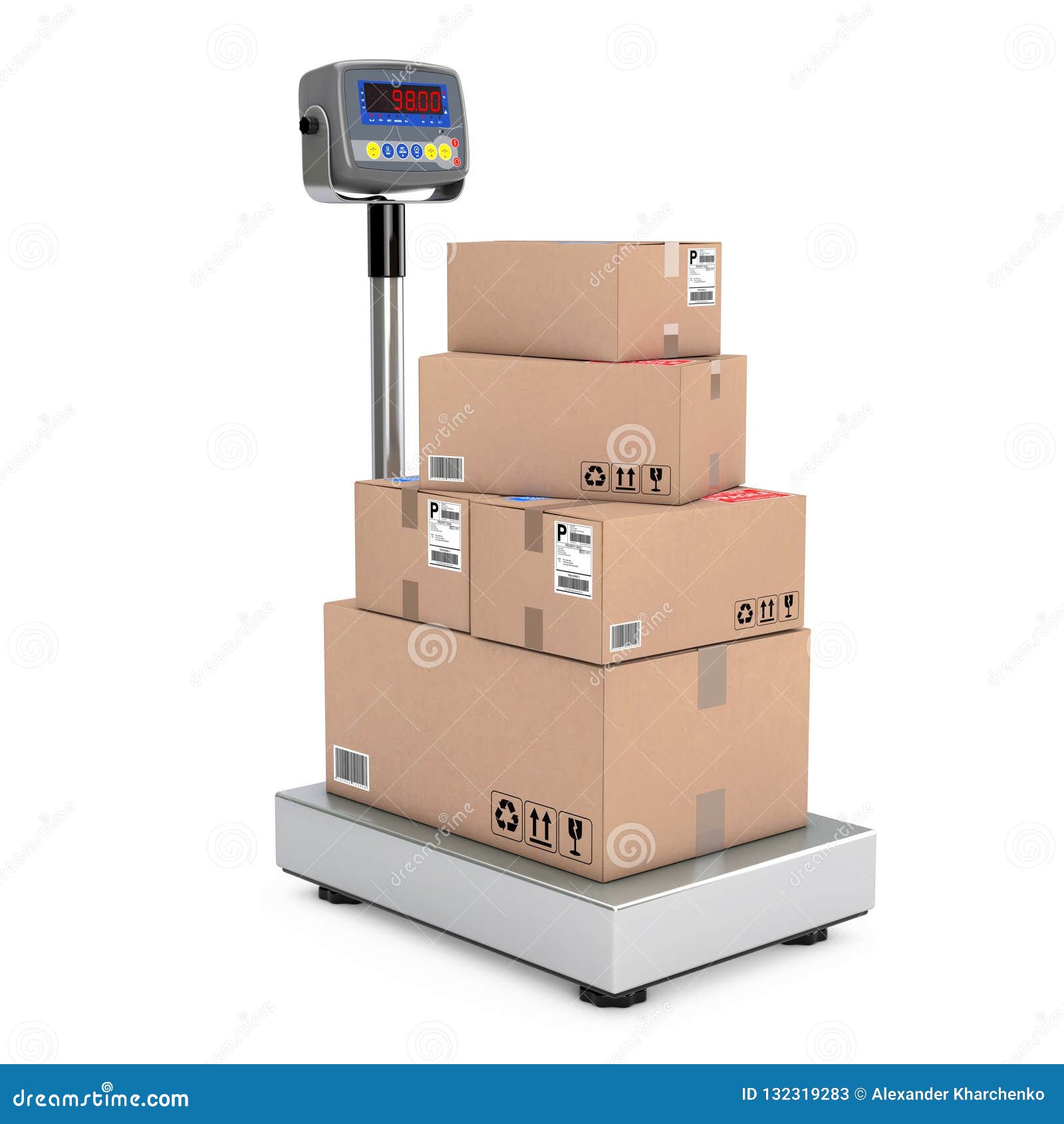 Stacked Cardboard Boxes Parcels Over Warehouse Digital Cargo Scales. 3d ...