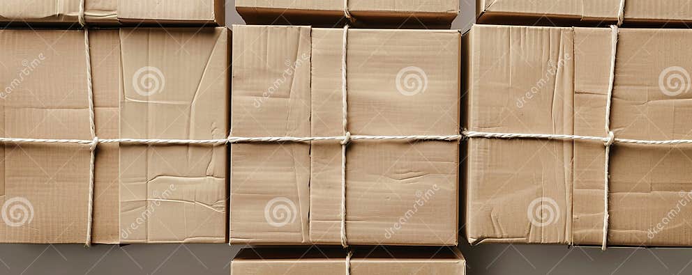 Stacked Cardboard Boxes with String Ties, Overhead View. Shipping and ...
