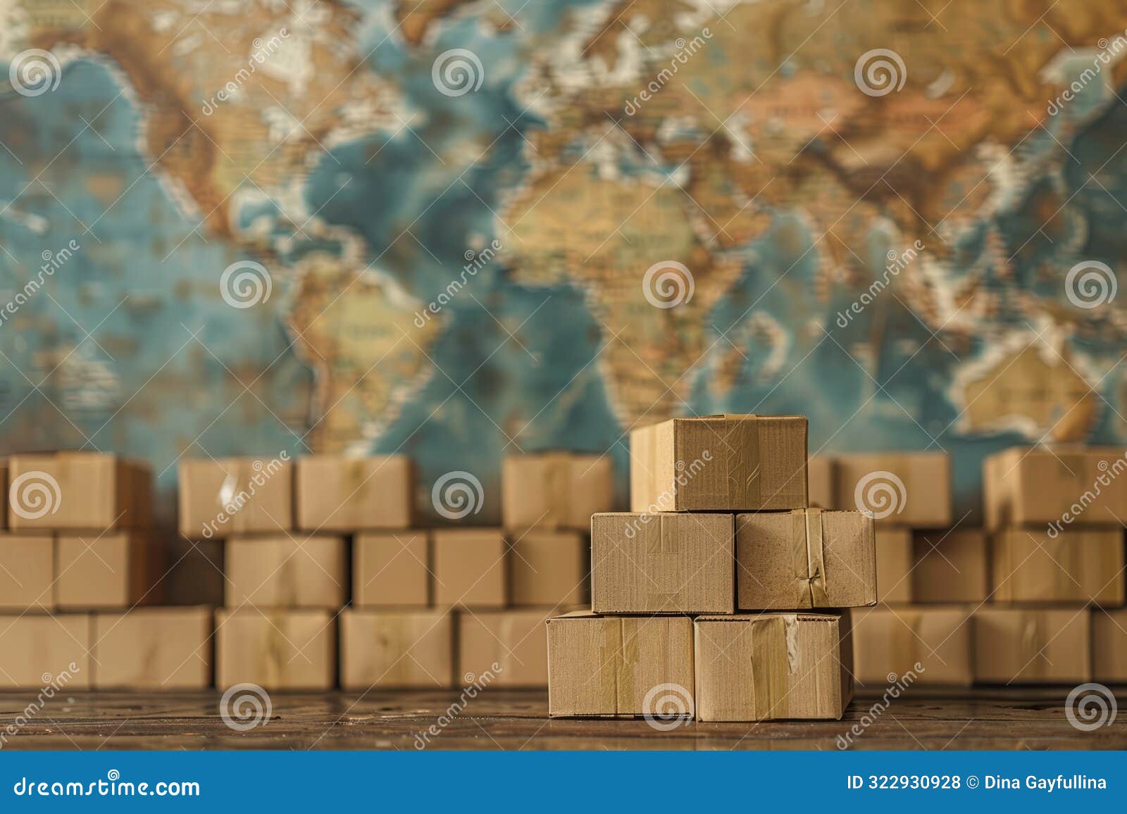 Stacked Cardboard Boxes with a World Map Background, Symbolizing Global ...