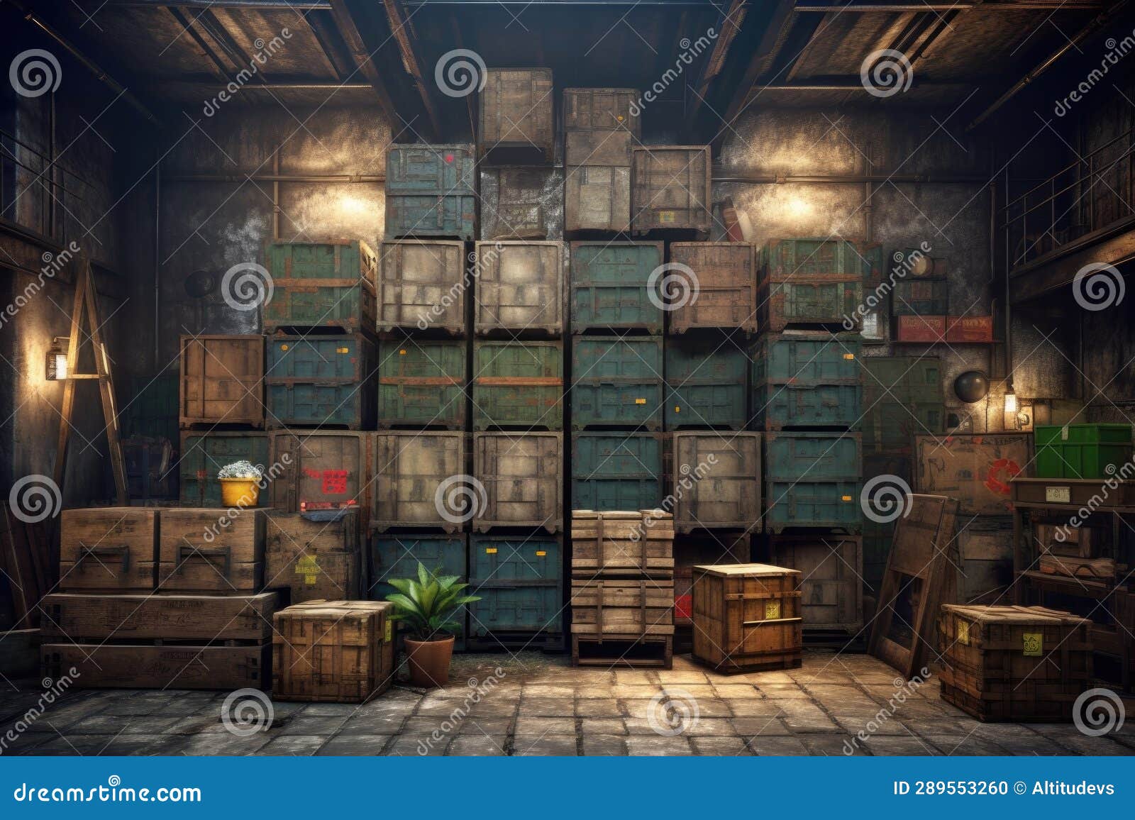 Stacked Cargo Crates with Labels in Warehouse Stock Photo - Image of ...