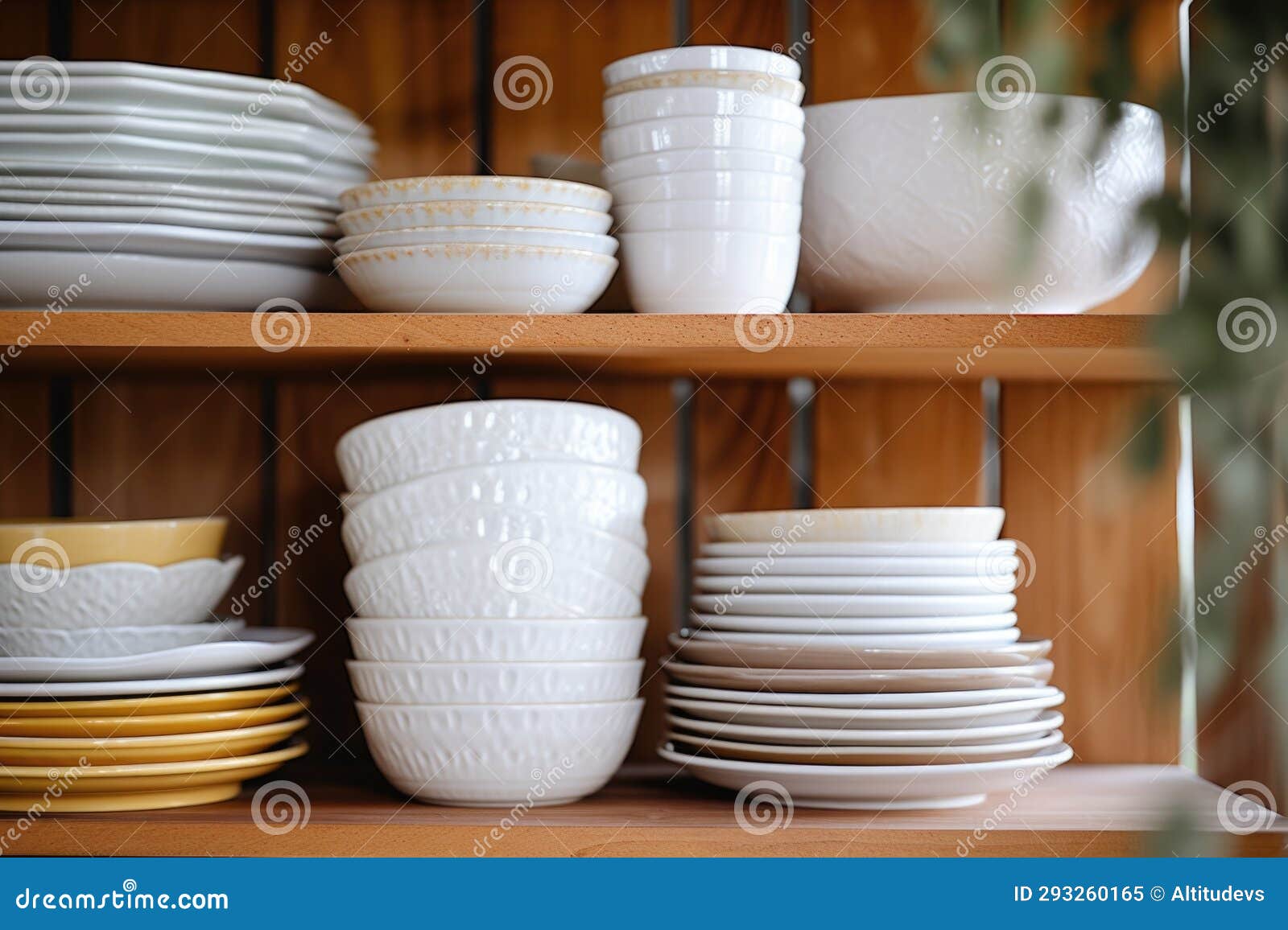 Stacked Ceramic Plates on Open Shelving Stock Image - Image of open ...
