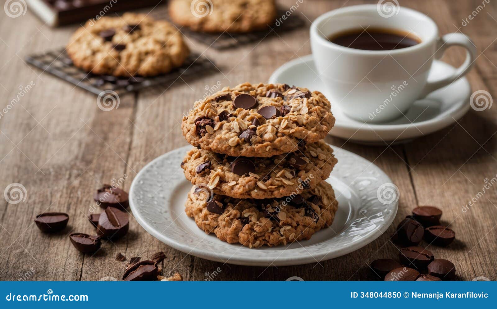 Stacked Chocolate Chip Cookies with Coffee Cup and Rustic Blurred ...