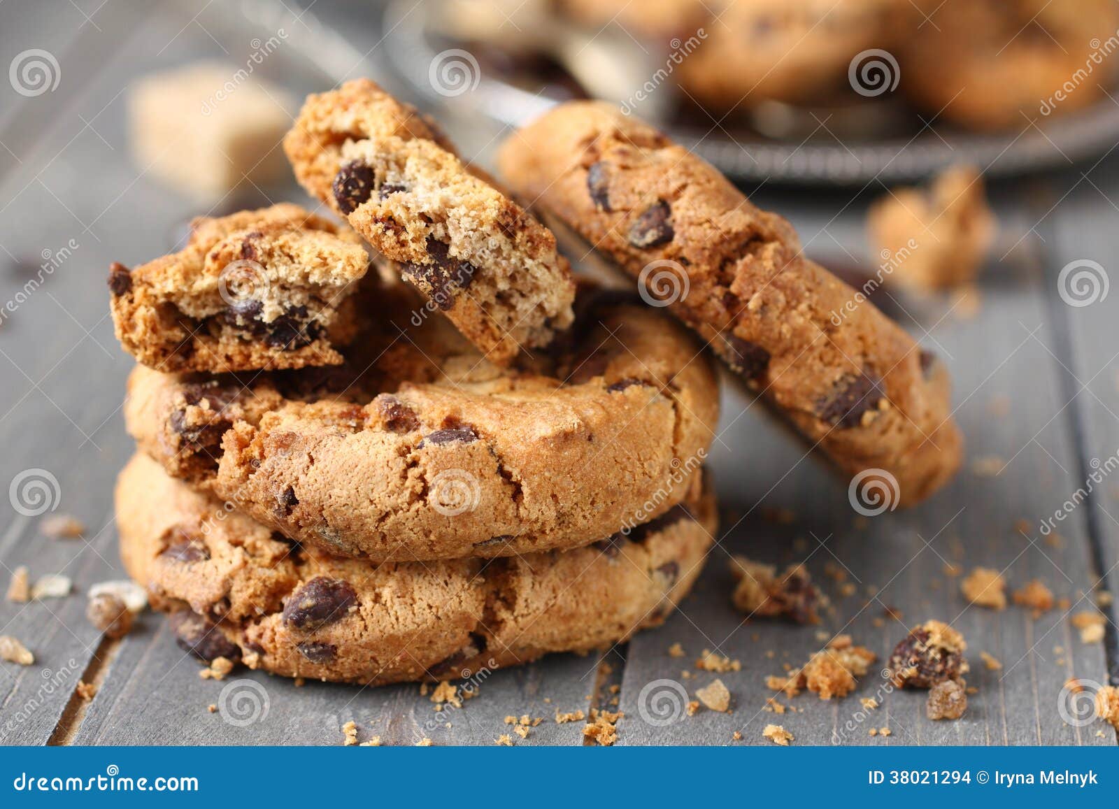 Stacked Chocolate Chip Cookies on Rustic Wooden Background Stock Photo ...