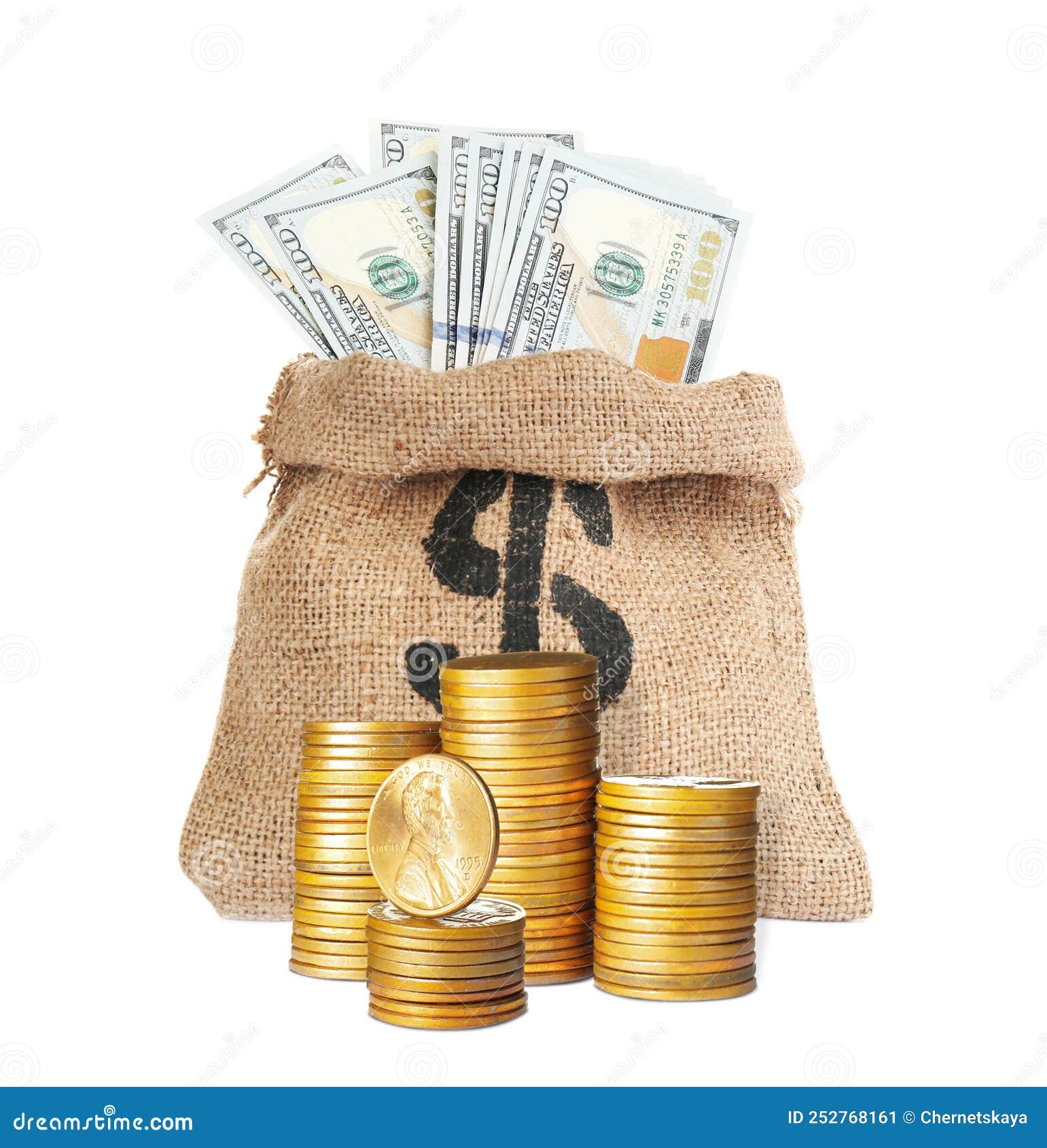 Stacked Coins and Sack Full of Money on White Background Stock Image ...
