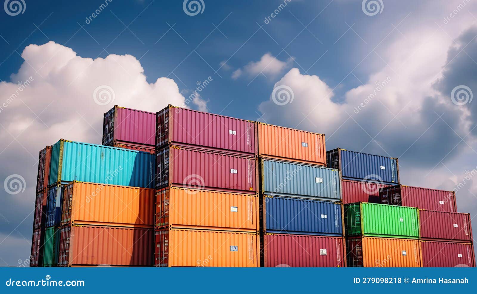 Stacked Color Cargo Containers Over the Blue Sky with Clouds ...