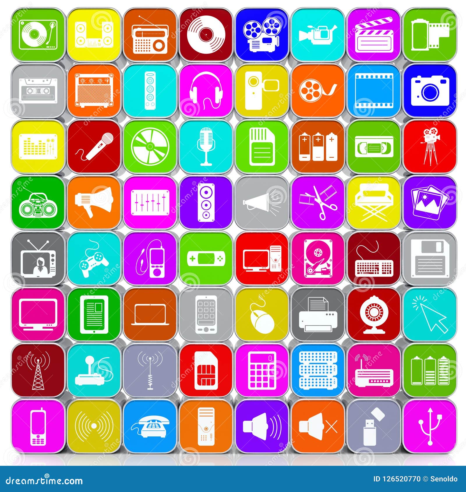 Stacked and Colored 64 3D Multimedia Icons Background Stock ...