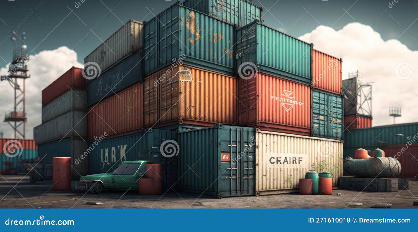 Stacked Containers in Port or Loading Dock Stock Illustration ...