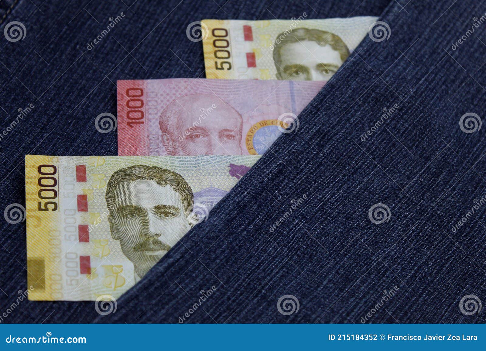 Stacked Costa Rican Banknotes between Blue Denim Fabric Stock Photo ...
