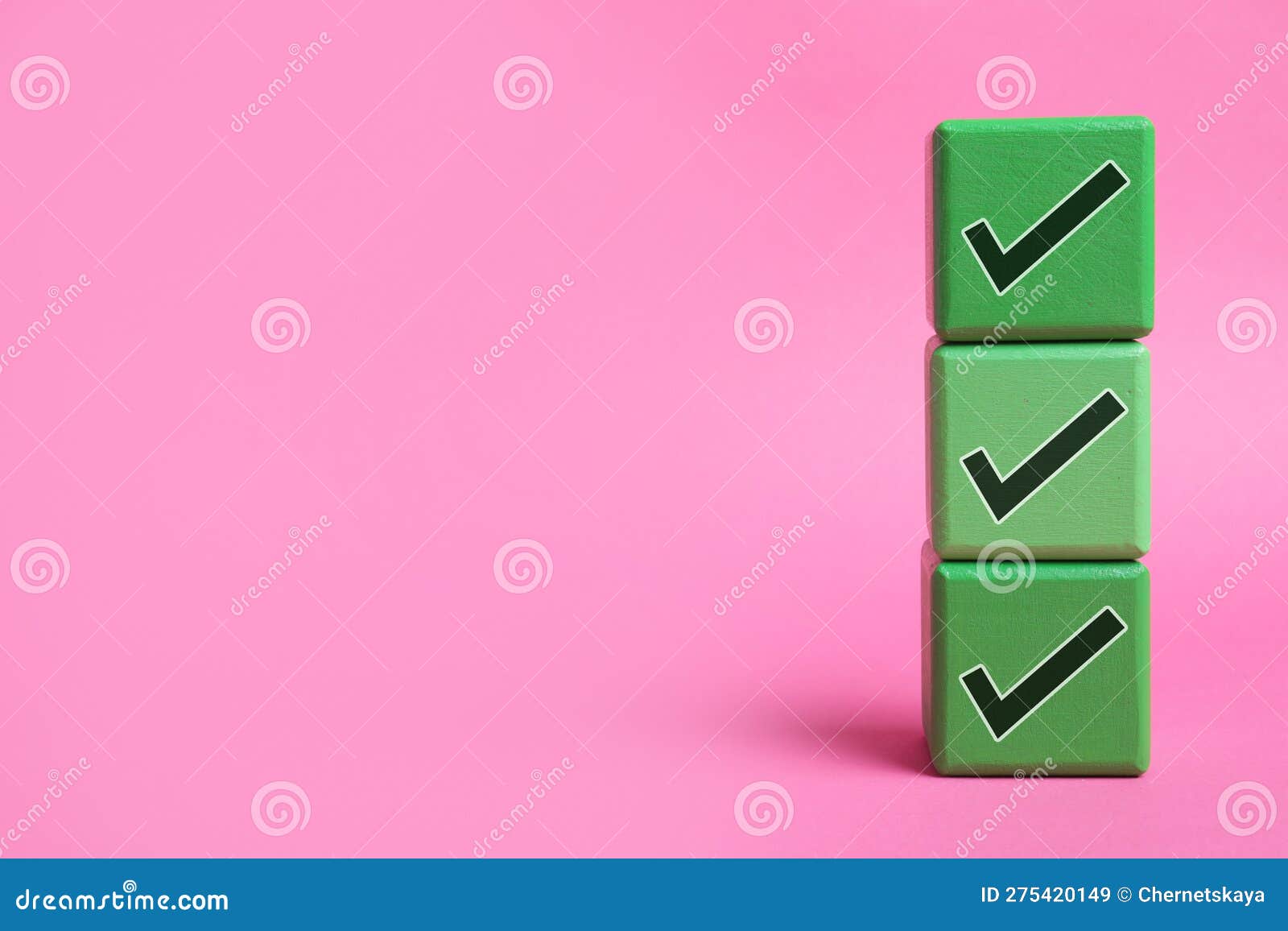 Stacked Cubes with Check Marks on Pink Background. Space for Text Stock ...