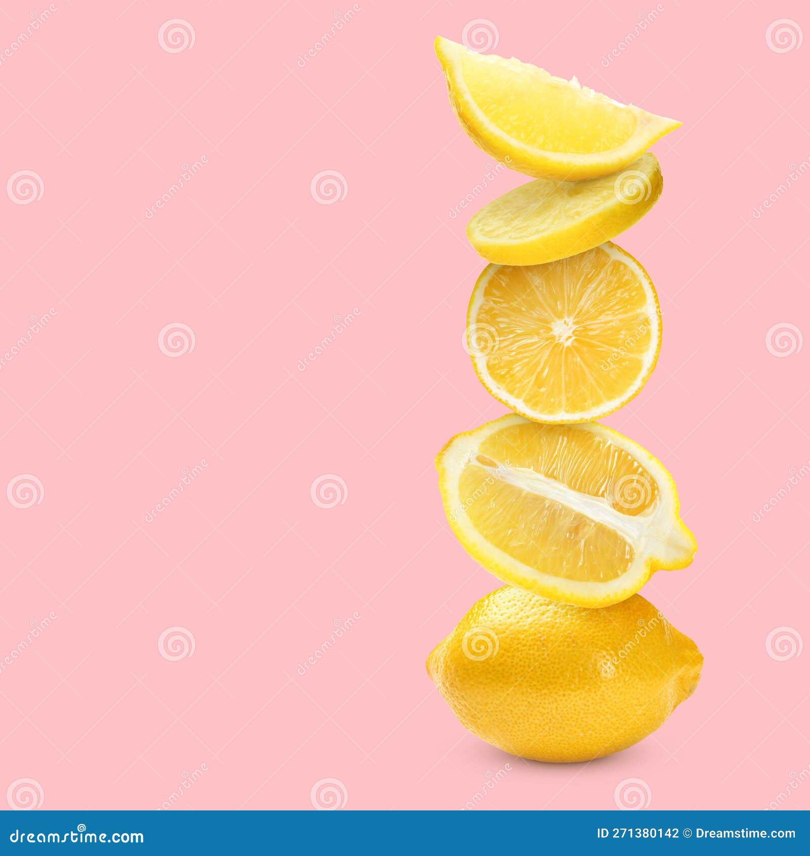 Stacked Cut and Whole Lemons on Pale Pink Background, Space for Text ...