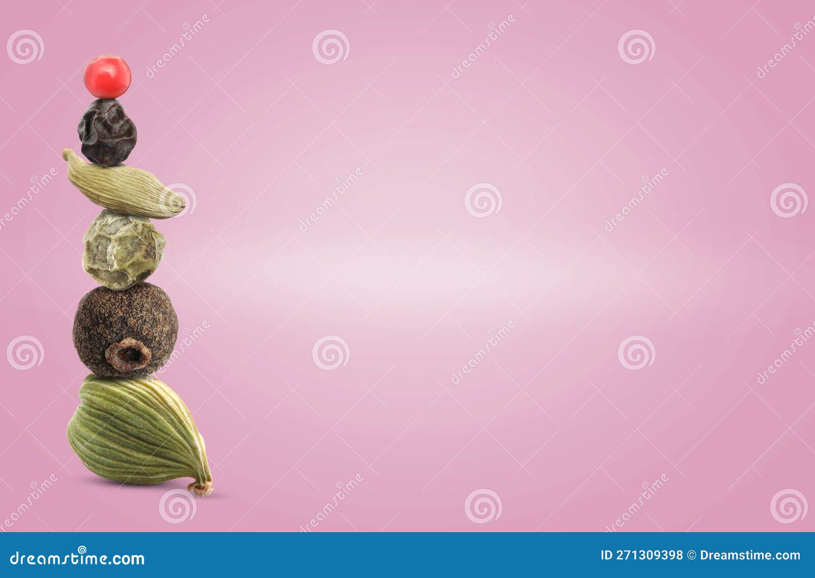 Stacked Different Aromatic Spices on Pink Background, Space for Text ...